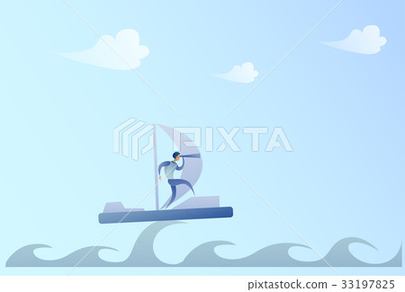 Business Man Sailing On Boat Looking With - Stock Illustration ...