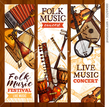 Folk music banner with ethnic musical instrument-插圖素材 [33204980] - PIXTA圖庫