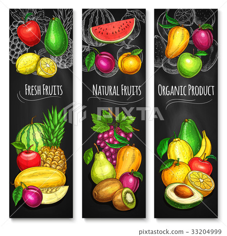 Tropical and garden fruit chalkboard banner set - Stock Illustration ...