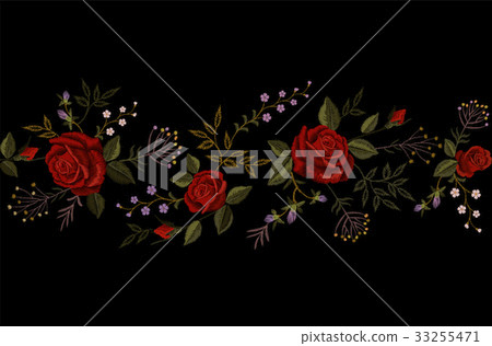 Red rose embroidery on black background. Satin - Stock Illustration ...