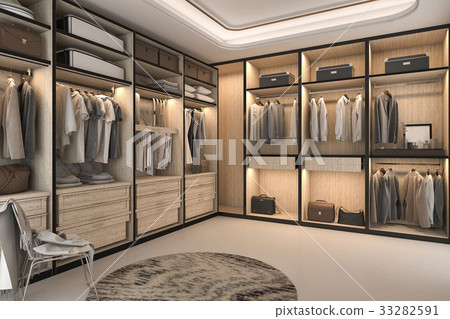 minimal loft luxury wood walk in closet - Stock Illustration [33282591 ...