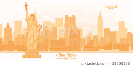 New York city skyline buildings Statue of Liberty - Stock Illustration ...