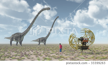 Time traveler, time machine and dinosaurs - Stock Illustration ...
