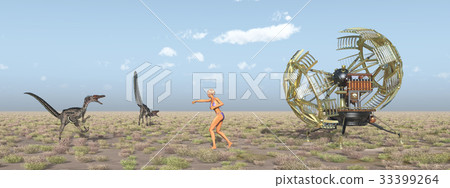 Time machine, female time traveler and dinosaurs - Stock Illustration ...