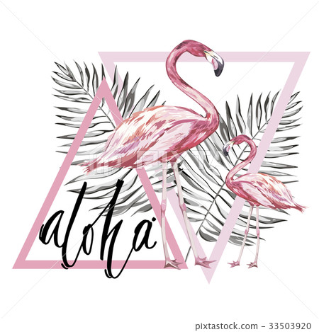 Word- Aloha. Two flamingos with tropical leaves - Stock Illustration ...