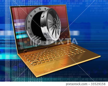 3d illustration of computer with opened vault door - Stock Illustration ...