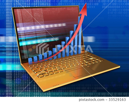 3d illustration of computer and rising graph - Stock Illustration ...