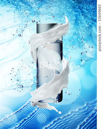 Cream bottle mock up in water splash on blue - Stock Illustration ...