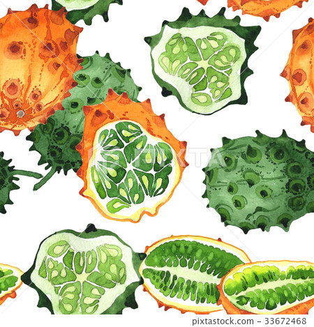 Exotic kiwano wild fruit pattern in a watercolor - Stock Illustration ...