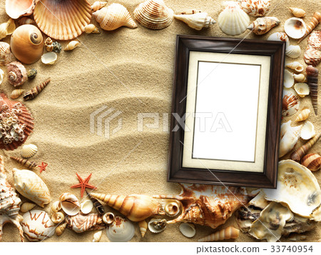 Picture frame on shells and sand background - Stock Illustration ...