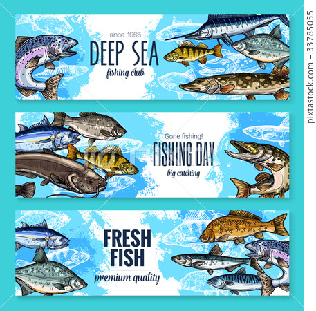 Vector banners for fishing or fish sea life - Stock Illustration ...