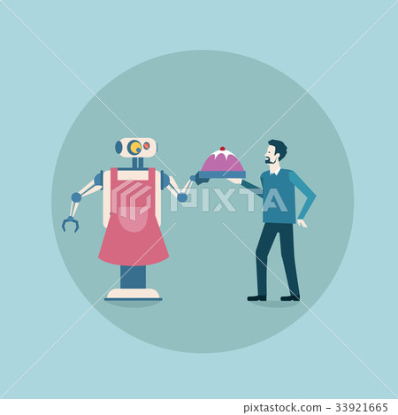 Modern Robot Giving Dish With Food To Man Icon - Stock Illustration ...
