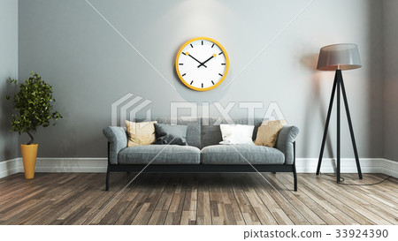 living room interior design idea with big watch - Stock Illustration ...