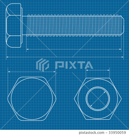 Metal bolt technical drawing on blueprint graph - Stock Illustration ...