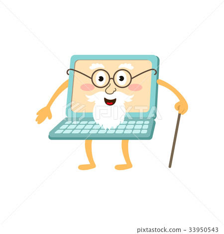 vector flat old laptop character with beard, cane - Stock Illustration ...