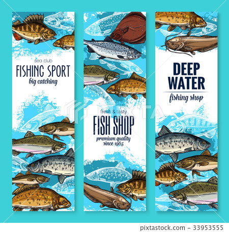 Sea fish banners for seafood or fishing design - Stock Illustration ...