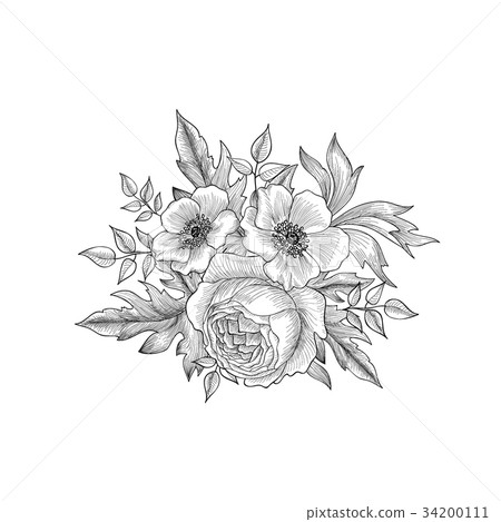 Floral bouquet. Flower engraving greeting card - Stock Illustration ...