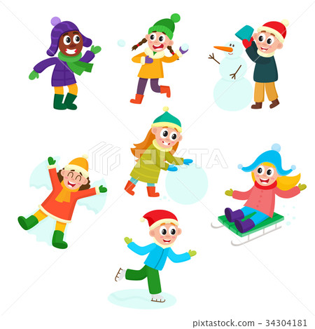 Set of kids, children doing winter activities - Stock Illustration ...