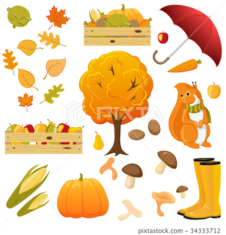 Big set of cartoon fall, autumn objects, elements - Stock Illustration ...