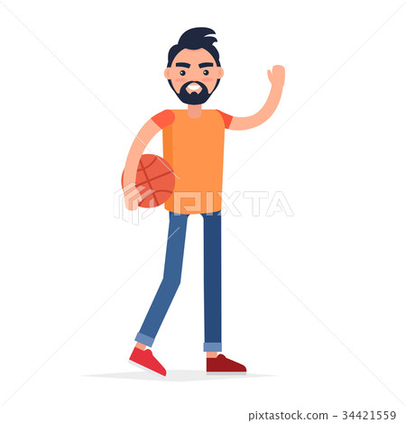 Smiling Man with Basketball Say Hello Flat Design - Stock Illustration ...