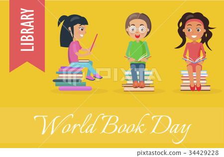 World Book Day at Library Poster with Children - Stock Illustration ...