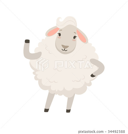 Cute white sheep character waving its hand, funny - Stock Illustration ...