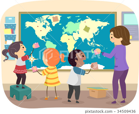 Stickman Kids Teacher World Map Illustration - Stock Illustration ...