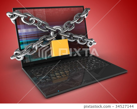3d illustration of laptop computer with chains - Stock Illustration ...