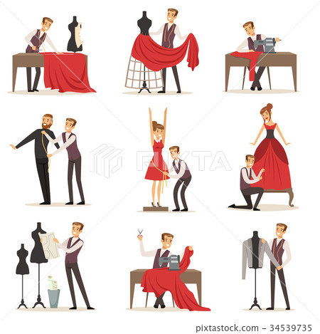 Dressmaker set, male designer tailoring measuring - Stock Illustration ...