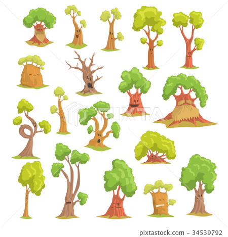 Cute tree characters set, funny humanized trees - Stock Illustration ...