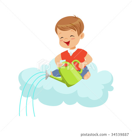 Happy smiling little boy pouring water while - Stock Illustration ...