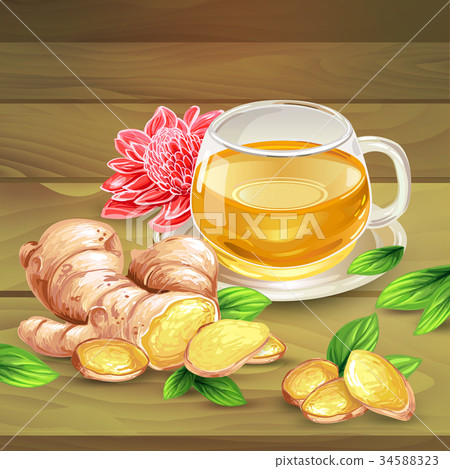 Ginger tea vector composition on wooden background - Stock Illustration ...