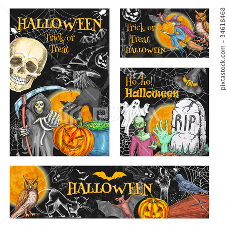 Halloween witch monsters vector sketch posters-插圖素材 [34618468] - PIXTA圖庫