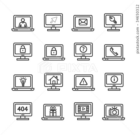 Computer Screen Symbols with Signs Black Thin Line - Stock Illustration ...