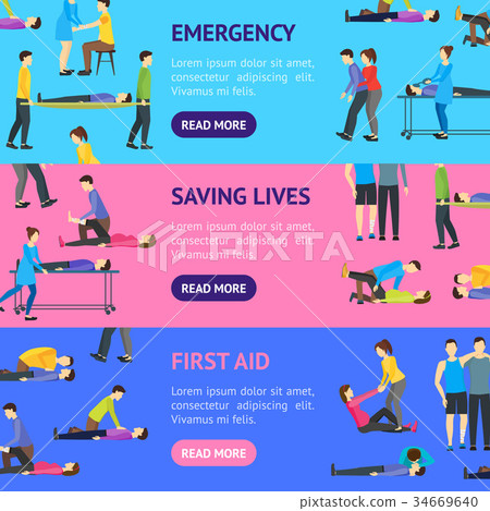 First Aid Emergency Help with People Banner - Stock Illustration ...
