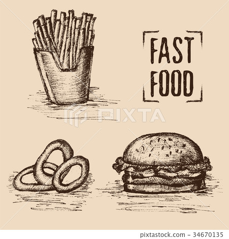 Fast food. Hand drawn style. Set of unhealthy food - Stock Illustration ...
