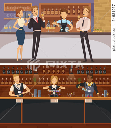 Party In Bar Interior Cartoon Banners - Stock Illustration [34681957 ...