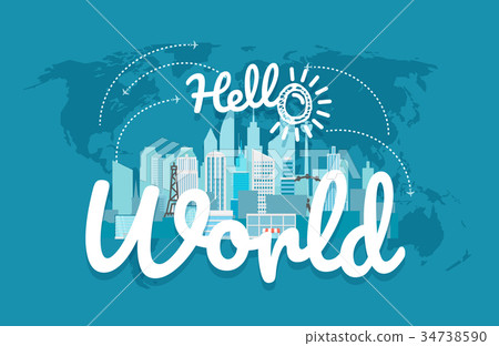 Hello world. World map with the logo - Stock Illustration [34738590 ...