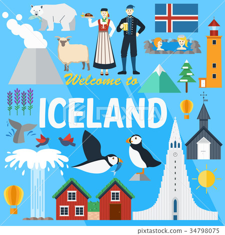 Flat design, Iceland landmarks and icons, Vector - Stock Illustration ...