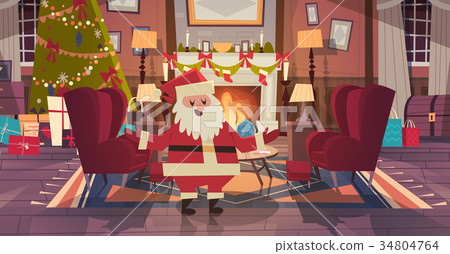 Santa Claus In Living Room Decorated For Christmas - Stock Illustration ...
