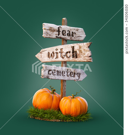 Halloween pumpkins under old wooden pointer.... - Stock Illustration ...