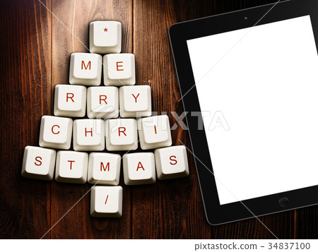Christmas tree made of computer keys and tablet - Stock Illustration ...