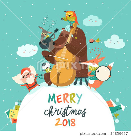 Cute Merry christmas card with animals, Santa and - Stock Illustration ...