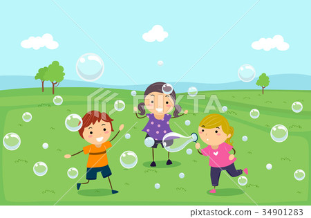 Stickman Kids Play Bubbles Illustration - Stock Illustration [34901283 ...