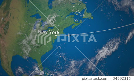 Route of commercial airplane flying from to New - Stock Illustration ...
