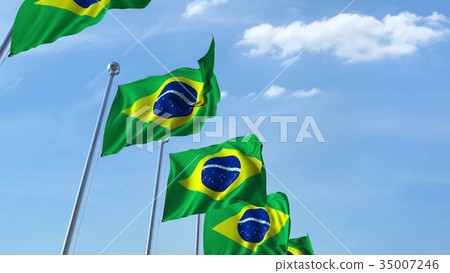 Row of waving flags of Brazil agaist blue sky, 3D - Stock Illustration ...