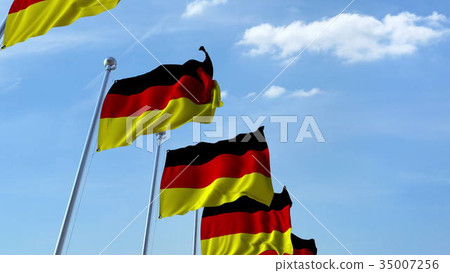 Row of waving flags of Germany agaist blue sky, 3D - Stock Illustration ...