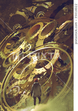 man standing in front of the big golden clockwork - Stock Illustration ...
