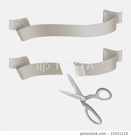 Scissors cutting blue ribbon realistic vector - Stock Illustration ...