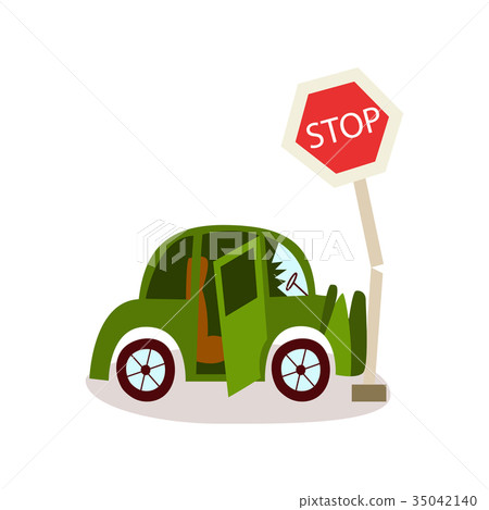 vector flat vehicle crashed into stop road sign - Stock Illustration ...